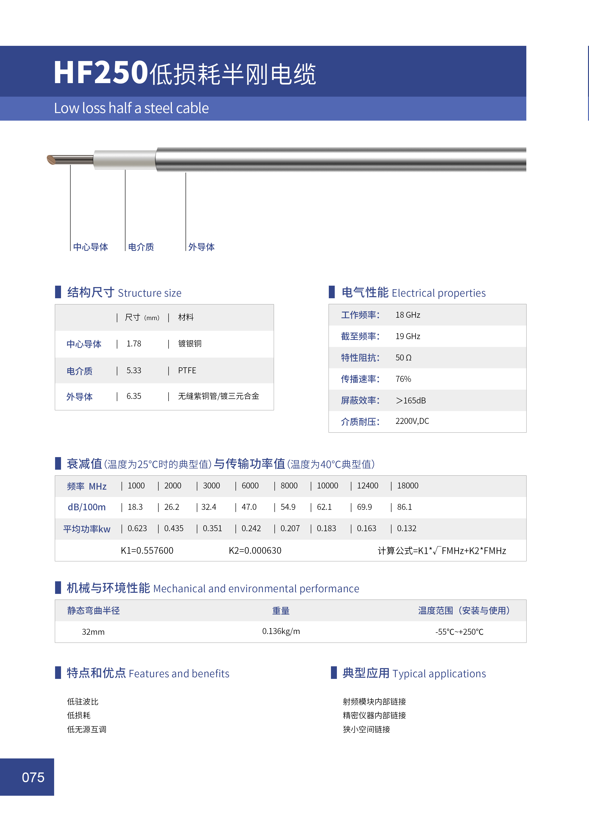 HF250低损耗半刚电缆 - 滁州润翰微波科技有限公司