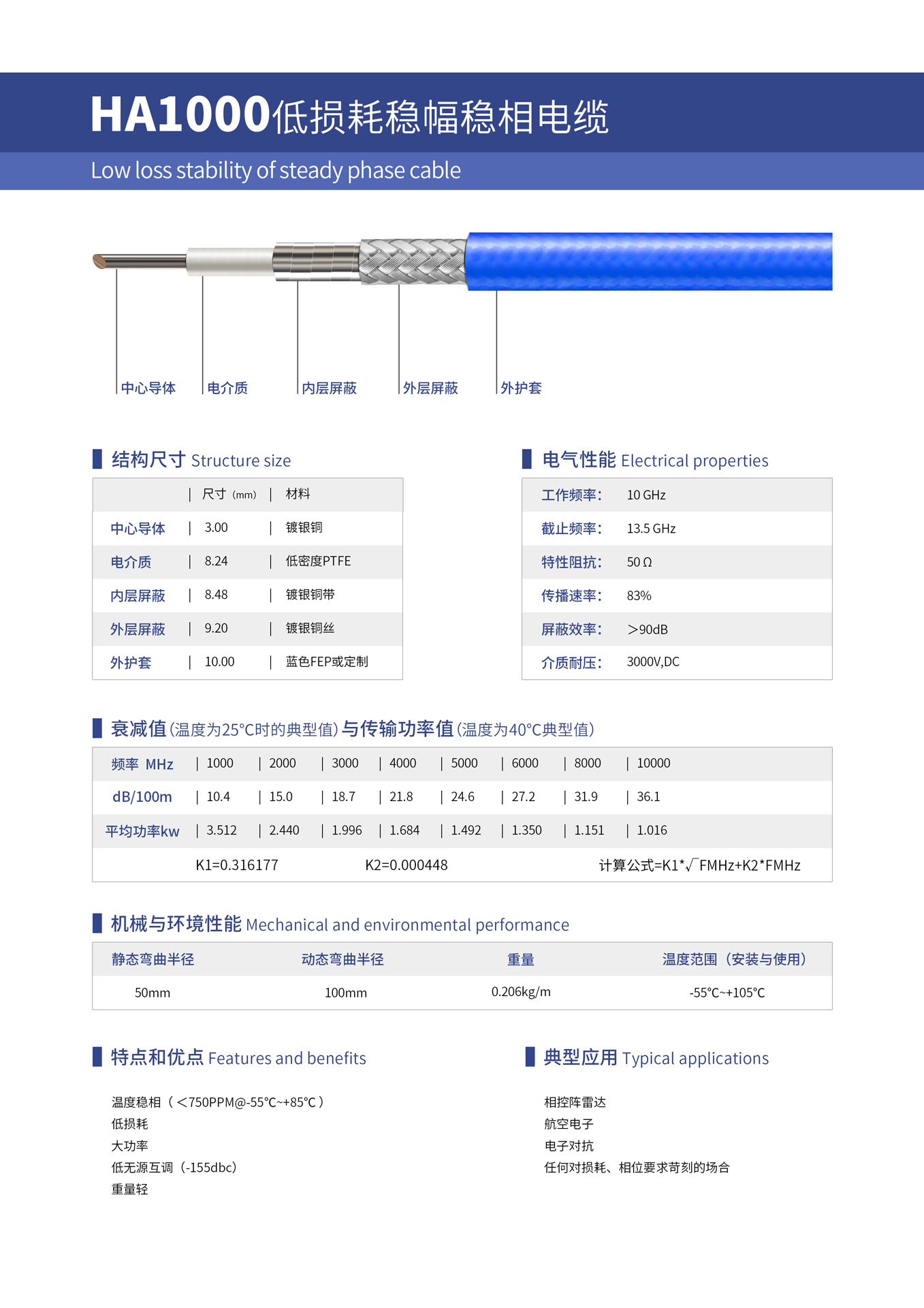 HA1000低损耗稳相柔性射频电缆 - 滁州润翰微波科技有限公司
